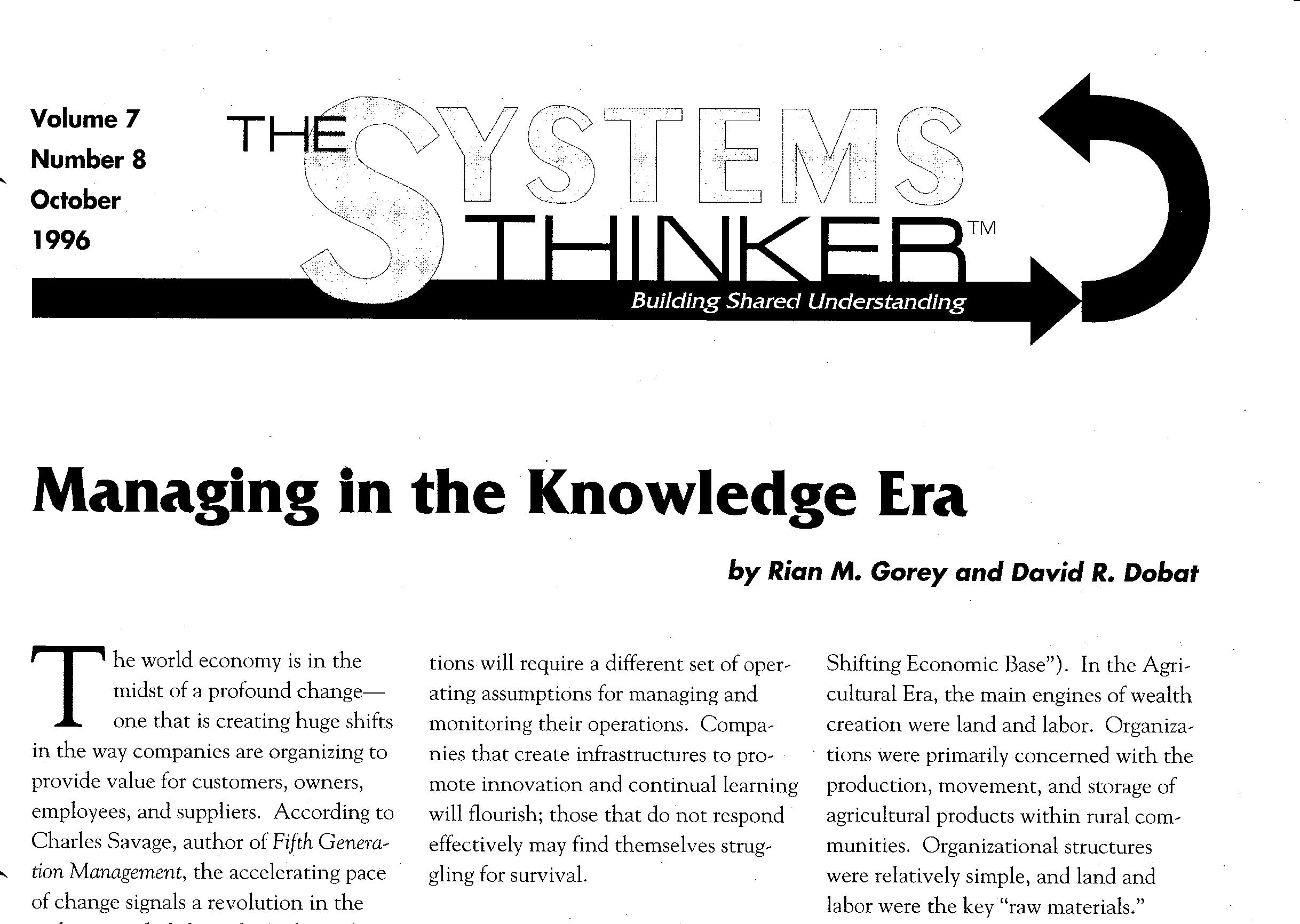 The Systems Thinker – Managing in the Knowledge Era - The Systems Thinker